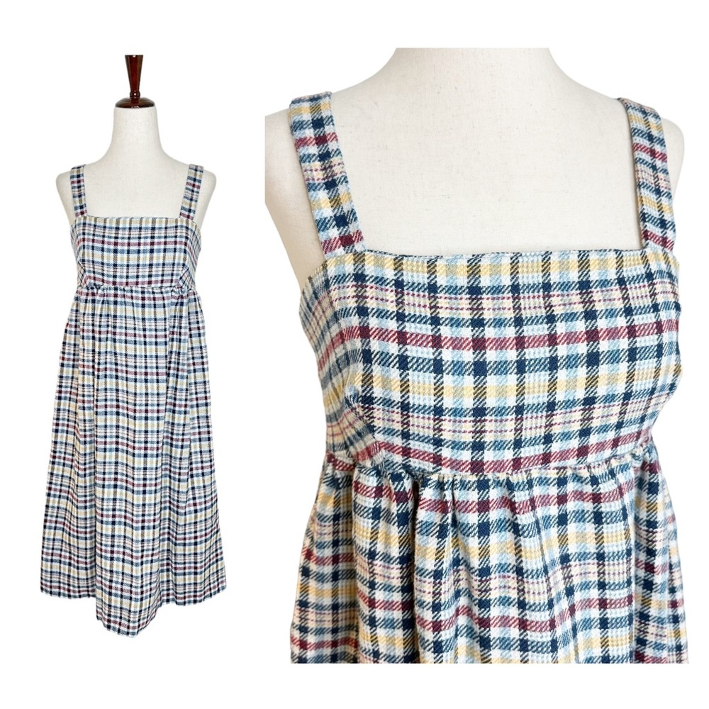 Vintage 70s Plaid Knit Pinafore Style Empire Waist Dr… - Gem